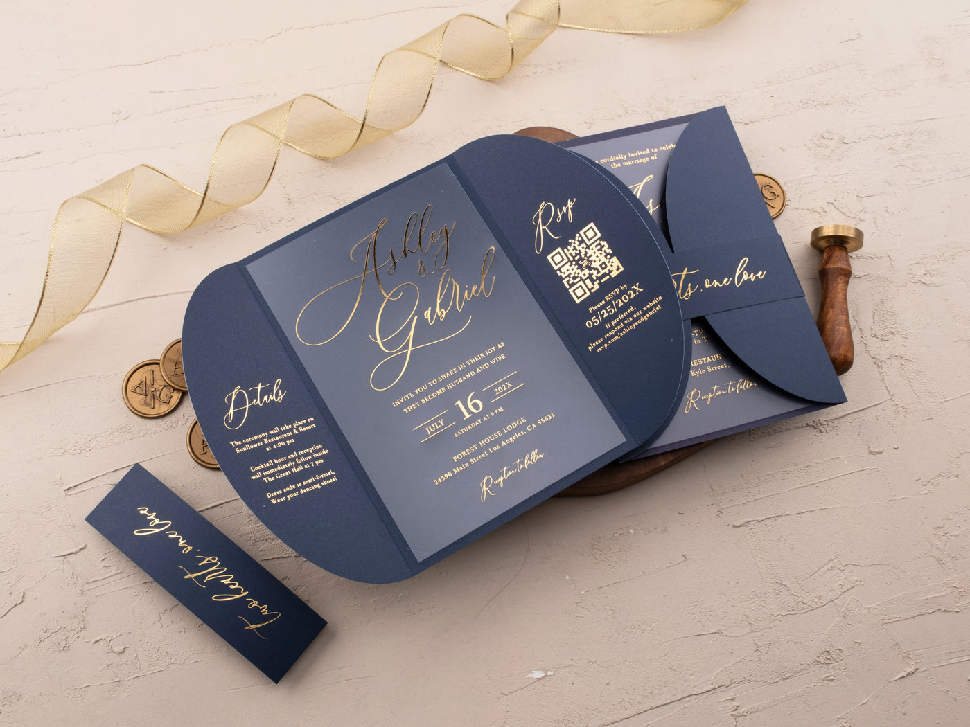Acrylic Wedding Invitation with Gold Foil and Navy Blue Gatefold Jacke