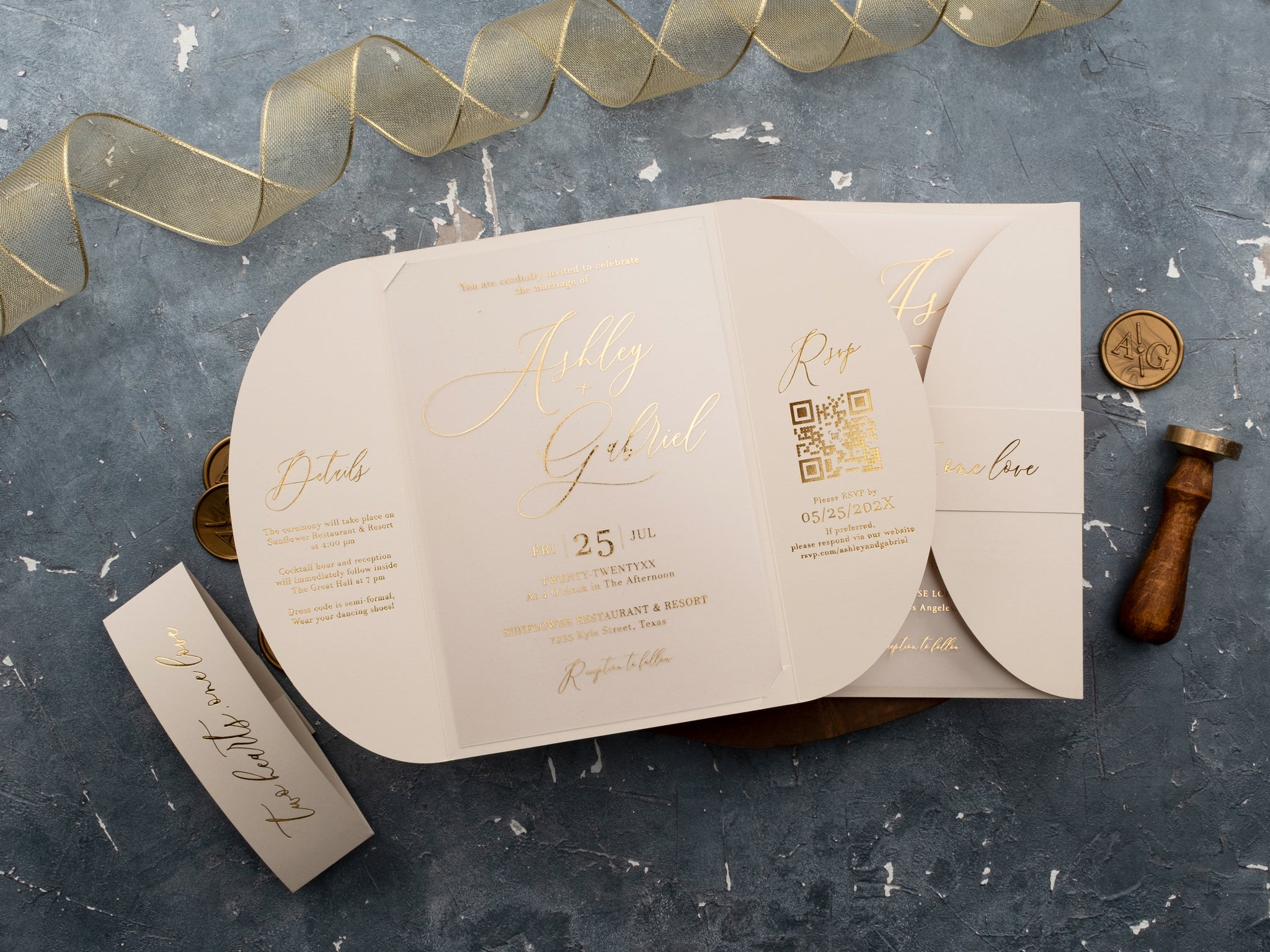Luxury Acrylic Wedding Invitation with Gold Foil and Ivory Gatefold Ja