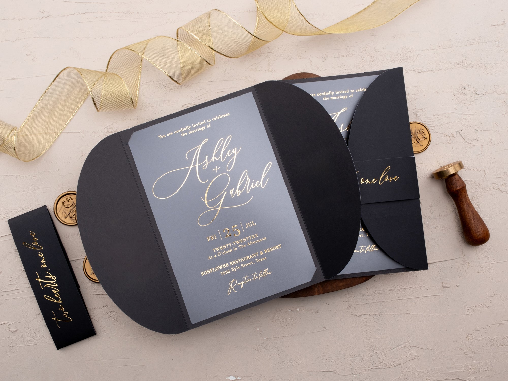 Luxury Acrylic Wedding Invitation with Gold Foil and Black Gatefold Ja