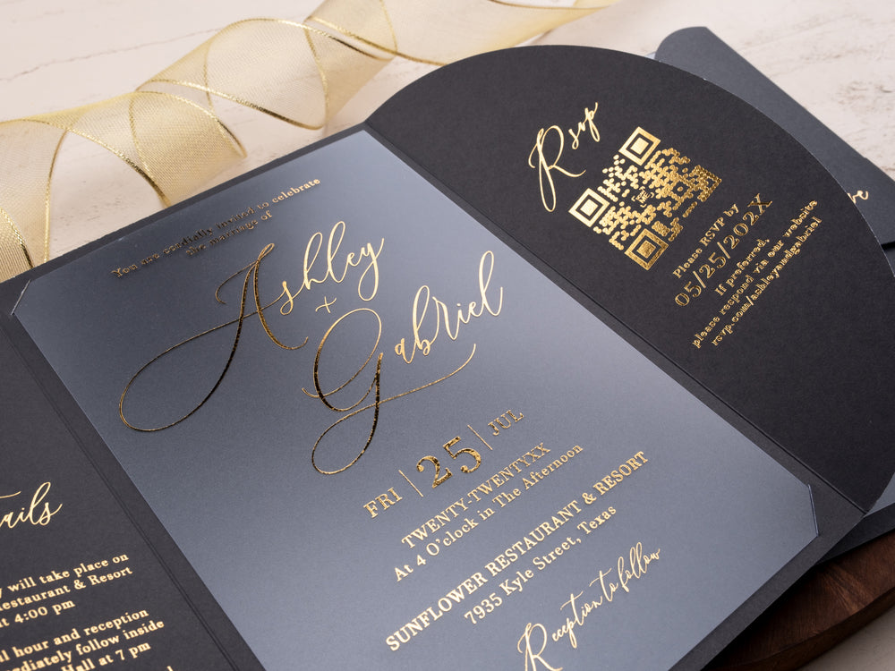 Luxury Acrylic Wedding Invitation with Gold Foil and Black Gatefold Ja