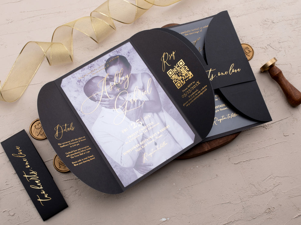Luxury Acrylic Wedding Invitation with Gold Foil and Black Gatefold Ja