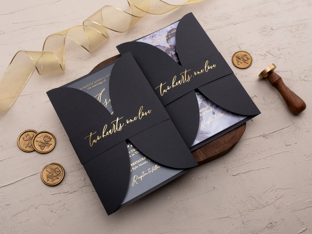 Luxury Acrylic Wedding Invitation with Gold Foil and Black Gatefold Ja