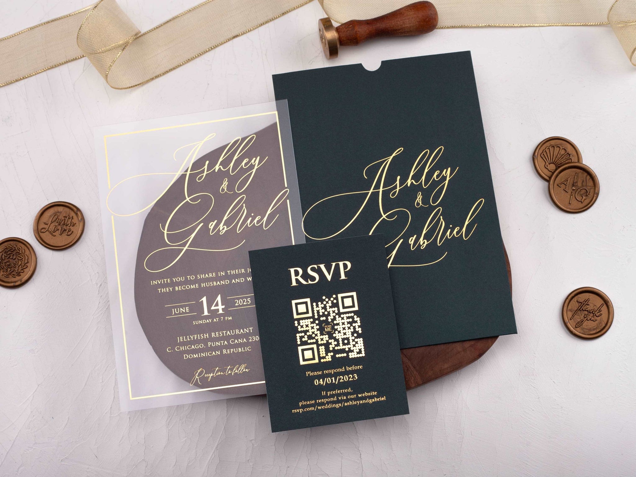 Acrylic Wedding Invitation with Gold Foil Print and Dark Green Sleeve