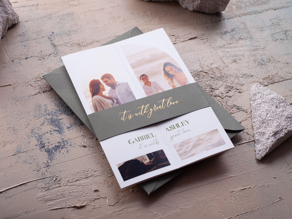 Photo Gatefold Wedding Invitation with Khaki Green Envelope
