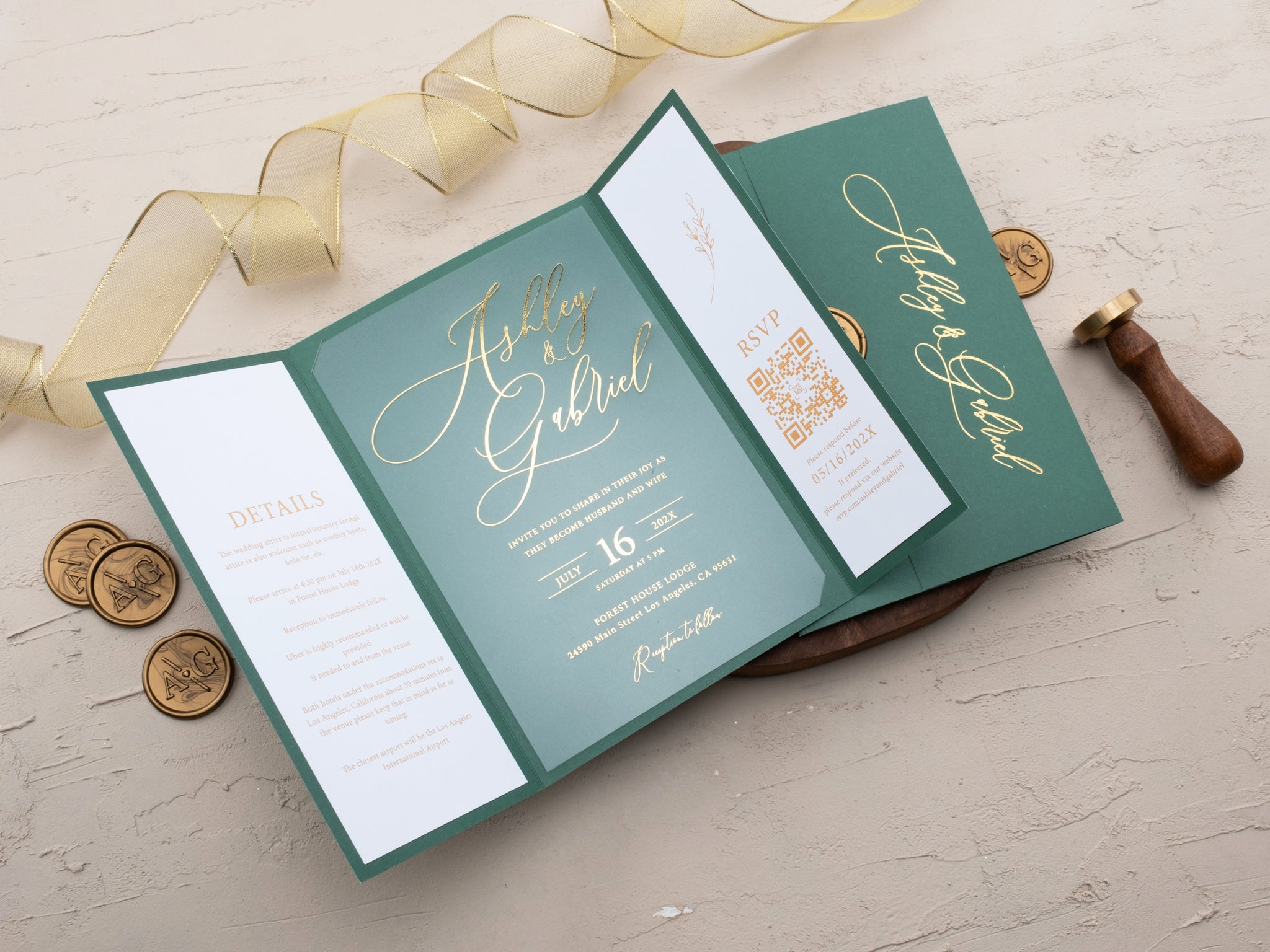Emerald Green and Gold Foil Acrylic Wedding Invitation with Gatefold J