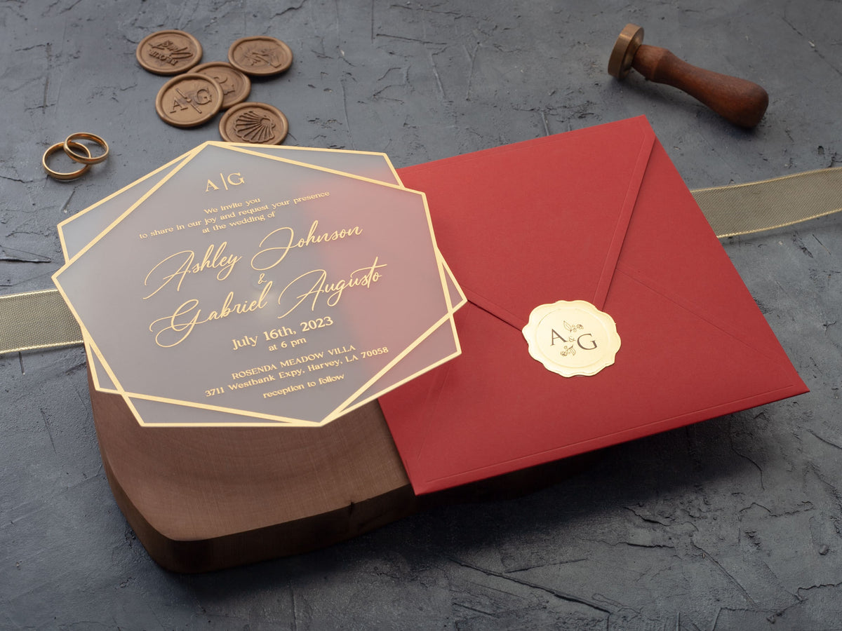 Red and Gold Foil Acrylic Wedding Invitation