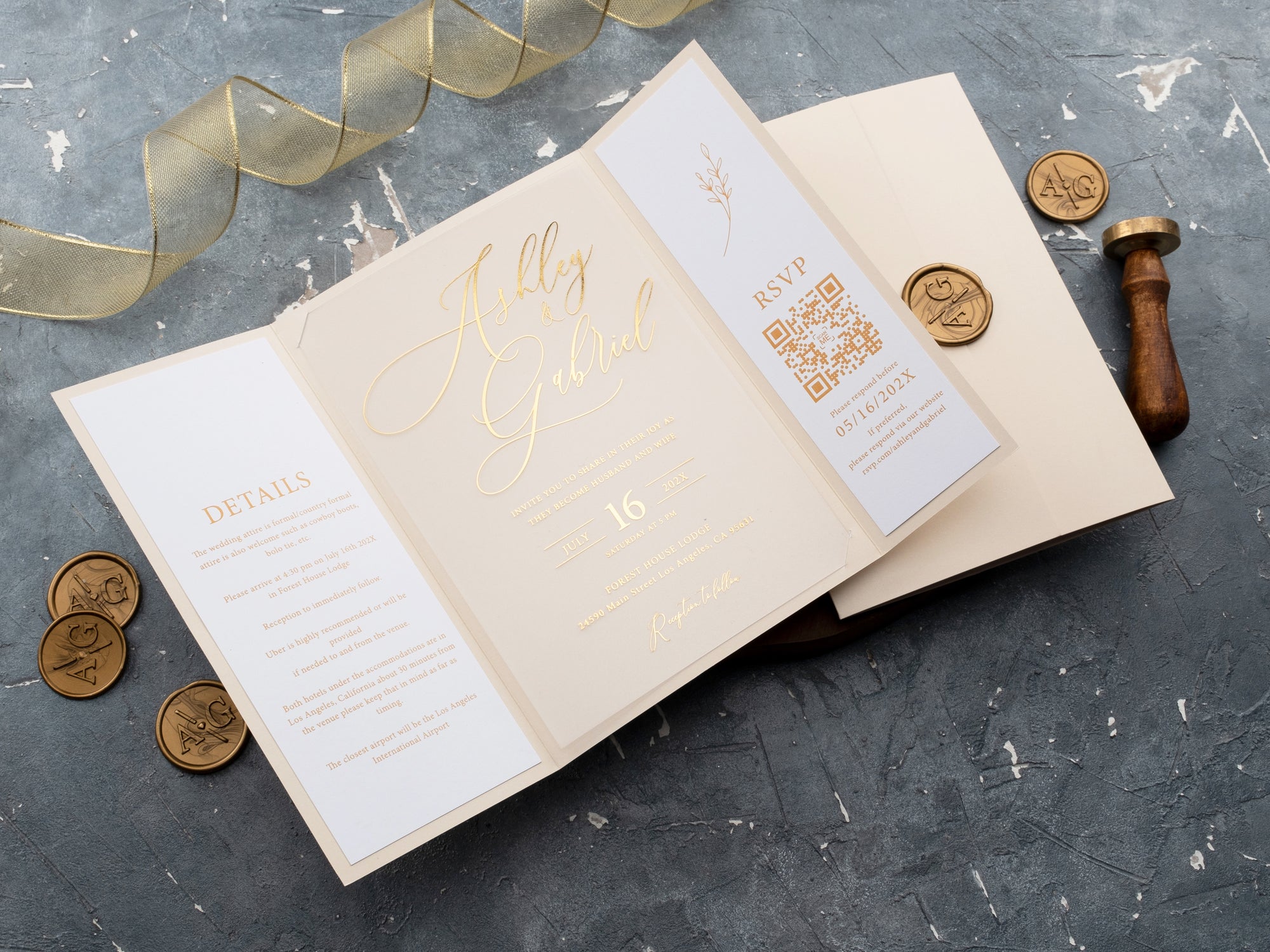 Luxury Gatefold Ivory and Gold Foil Acrylic Wedding Invitation
