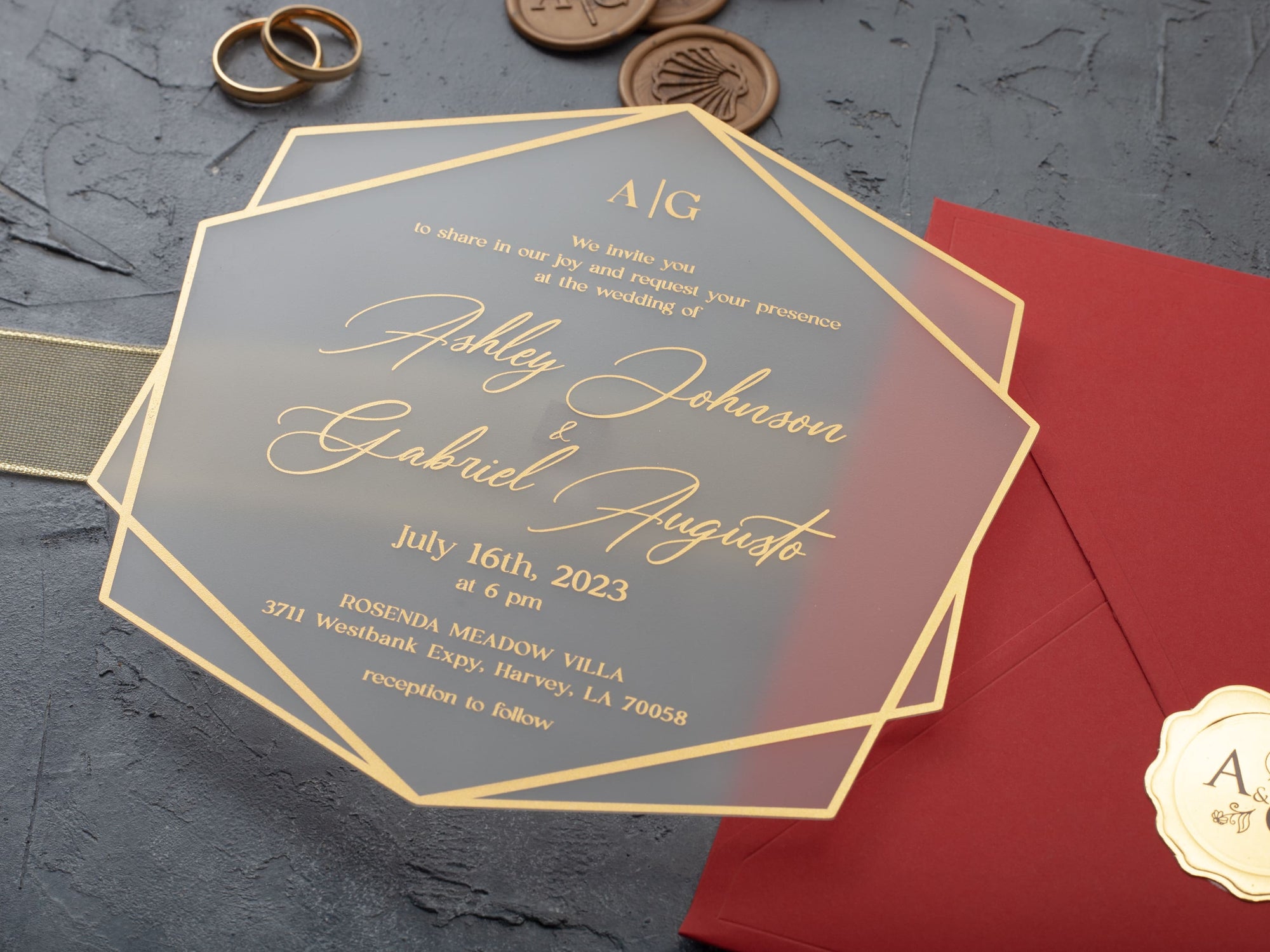 Red and Gold Foil Acrylic Wedding Invitation