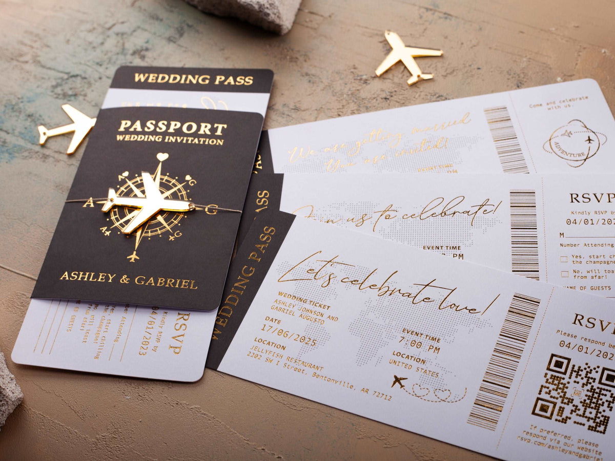 Black Passport Wedding Invitation with Gold Foil