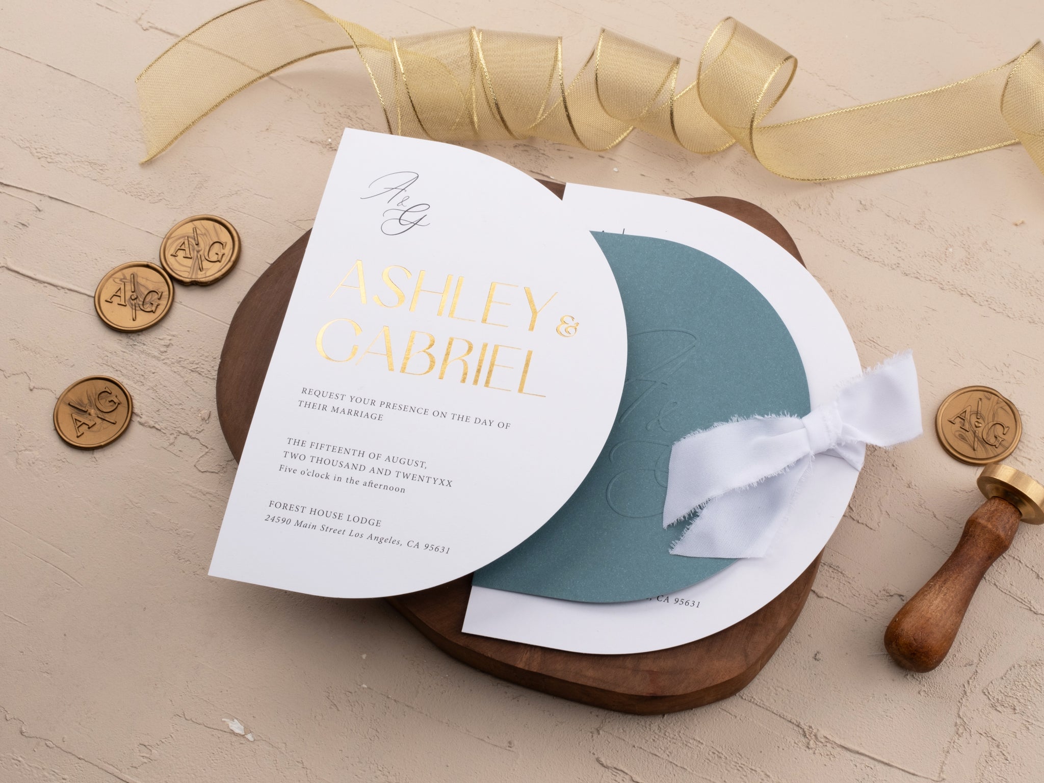 Half Circle Gold Foil Wedding Invitation with Dusty Blue Jacket