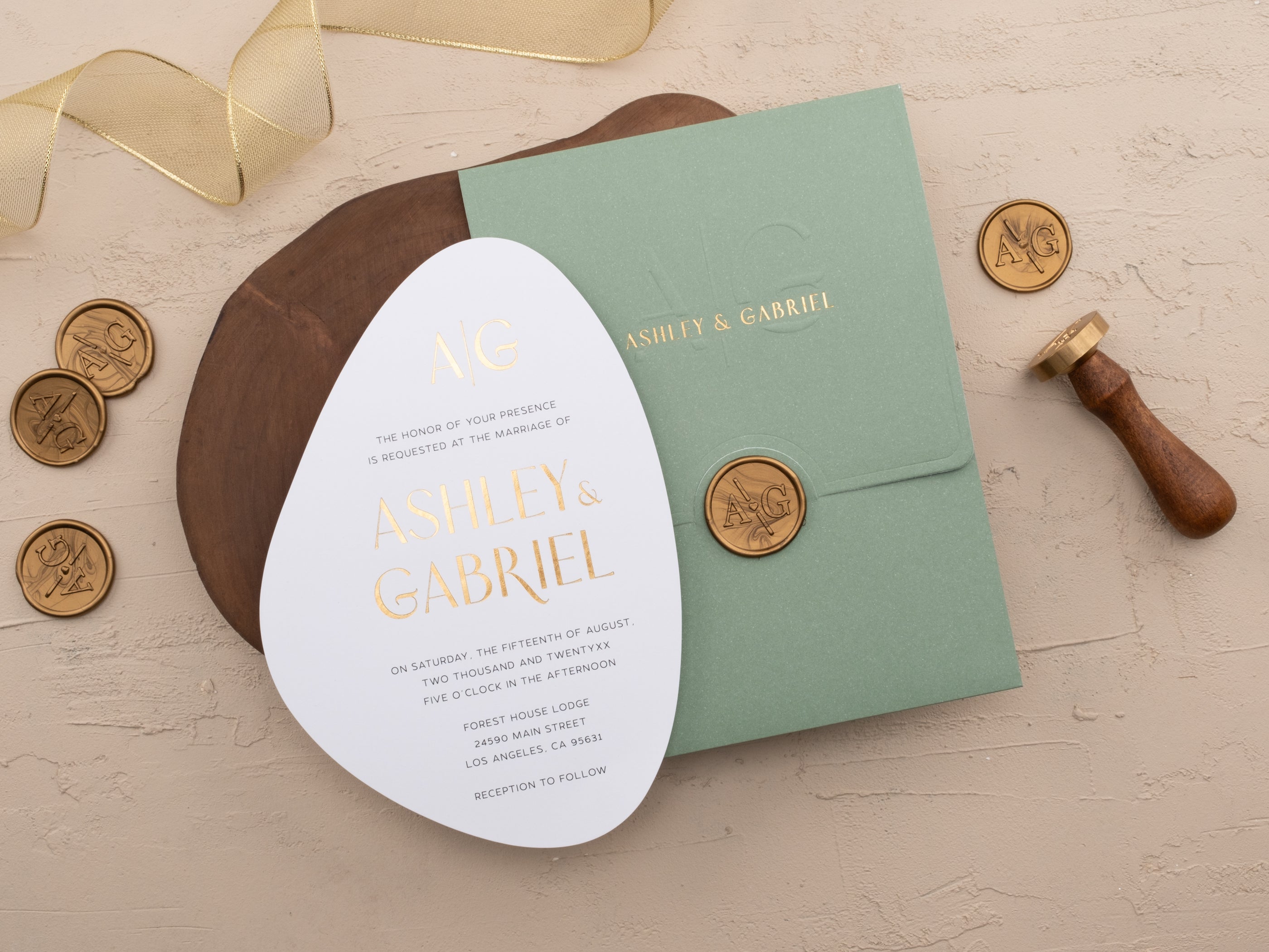 Sage Green and Gold Modern Shape Wedding Invitation