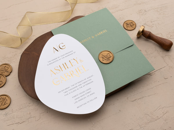 Sage Green and Gold Modern Shape Wedding Invitation