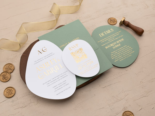 Sage Green and Gold Modern Shape Wedding Invitation
