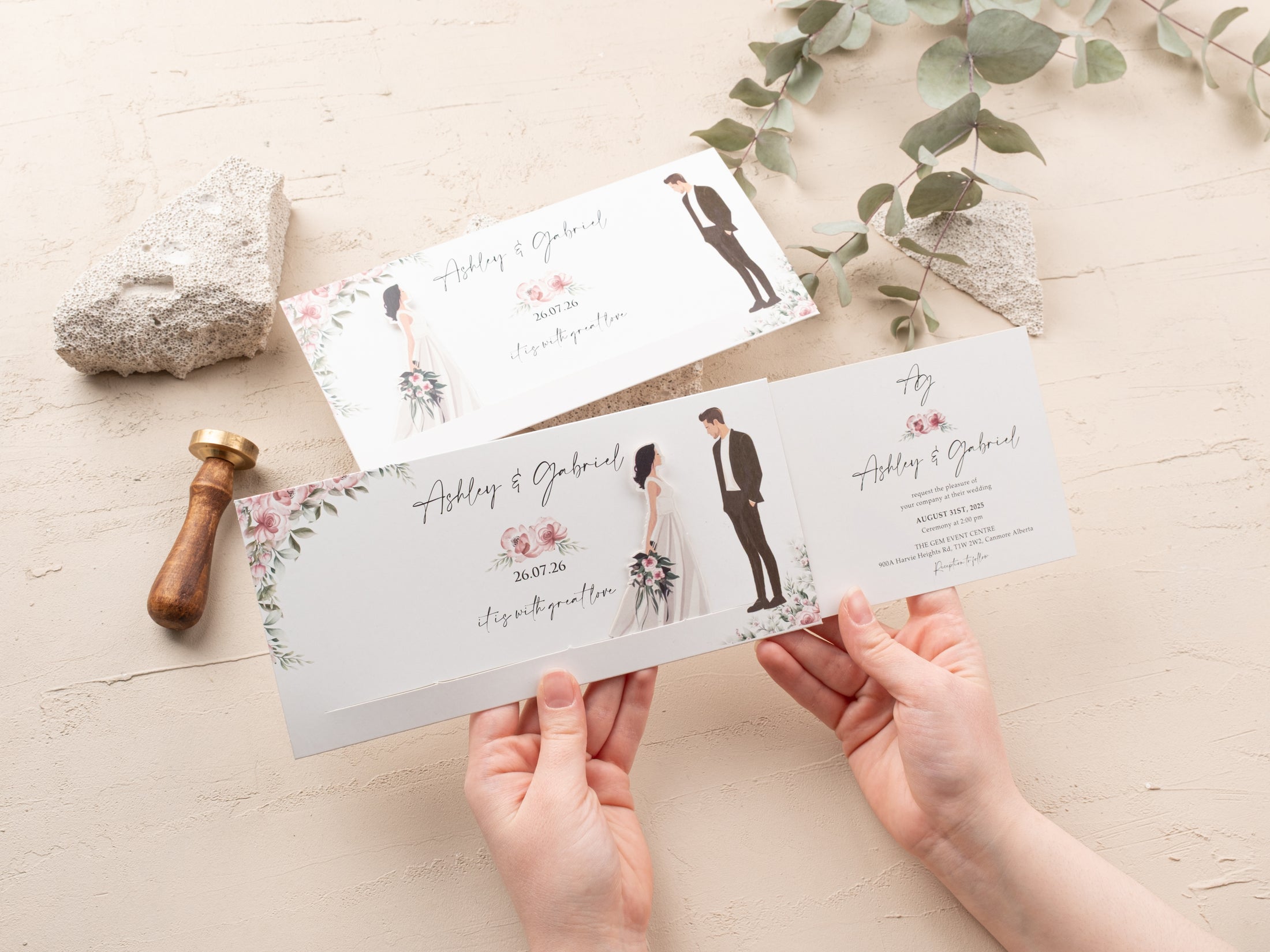 Minimalist Sliding Wedding Invitation - Blush Floral Design