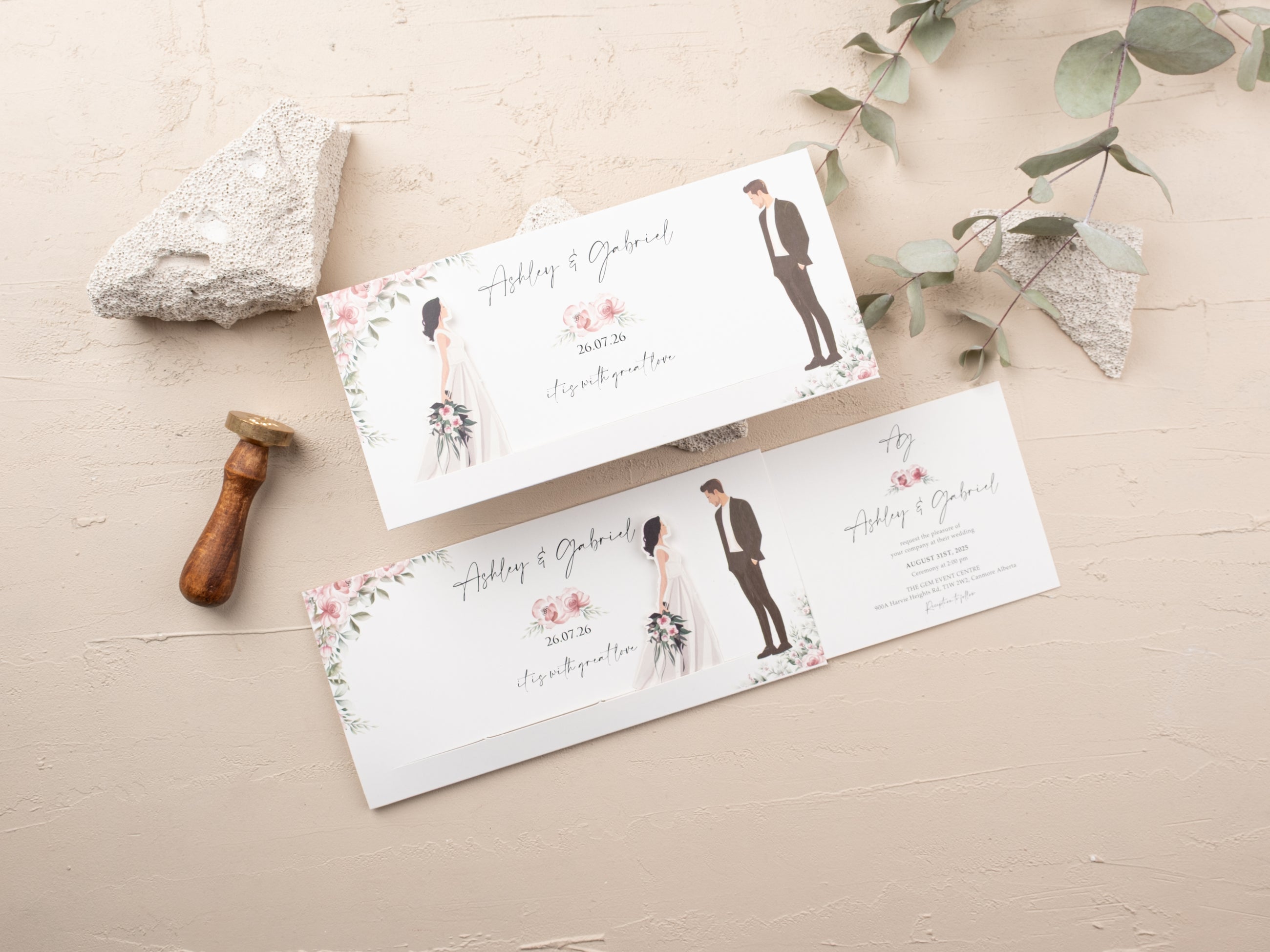 Minimalist Sliding Wedding Invitation - Blush Floral Design