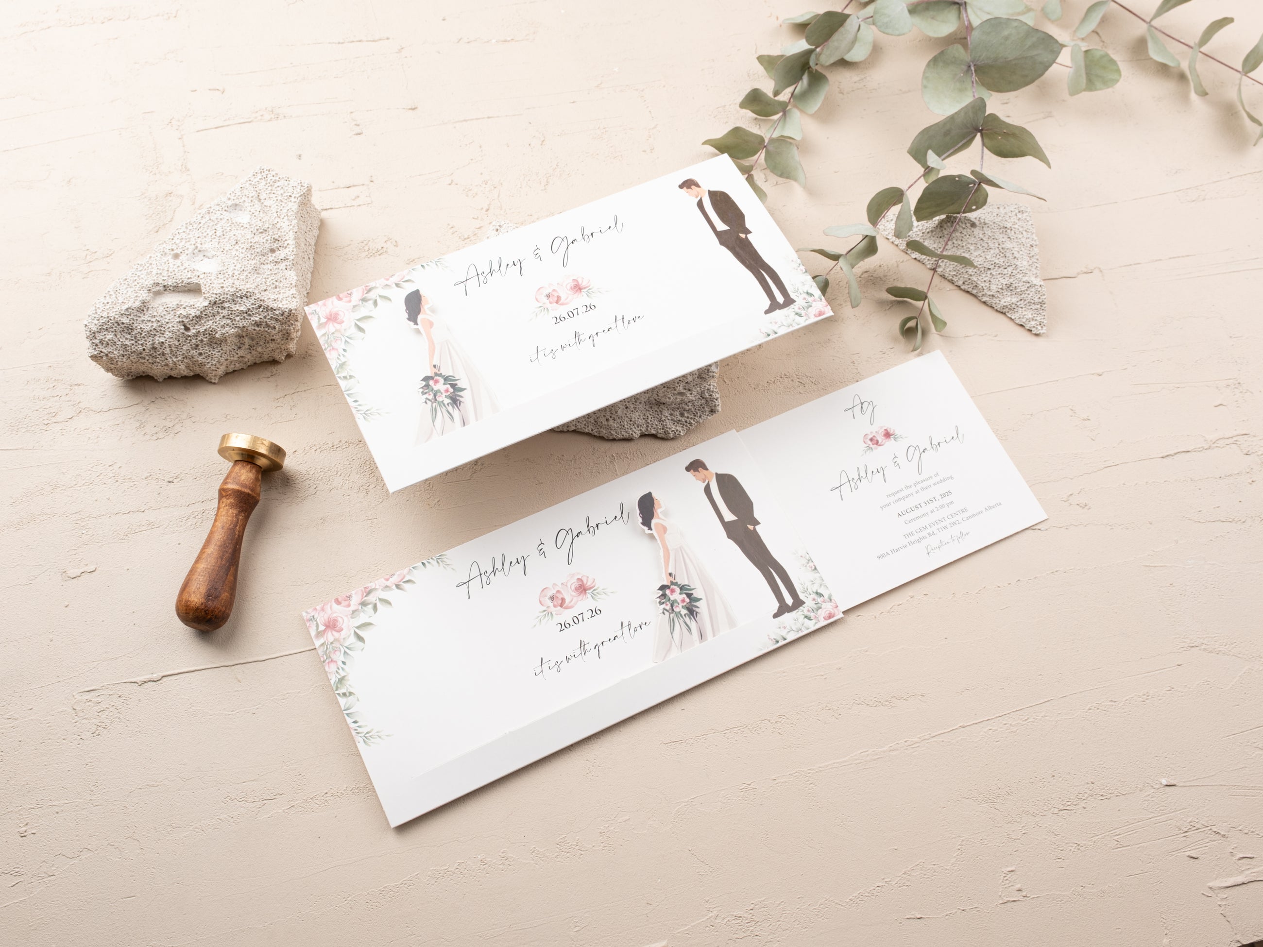 Minimalist Sliding Wedding Invitation - Blush Floral Design