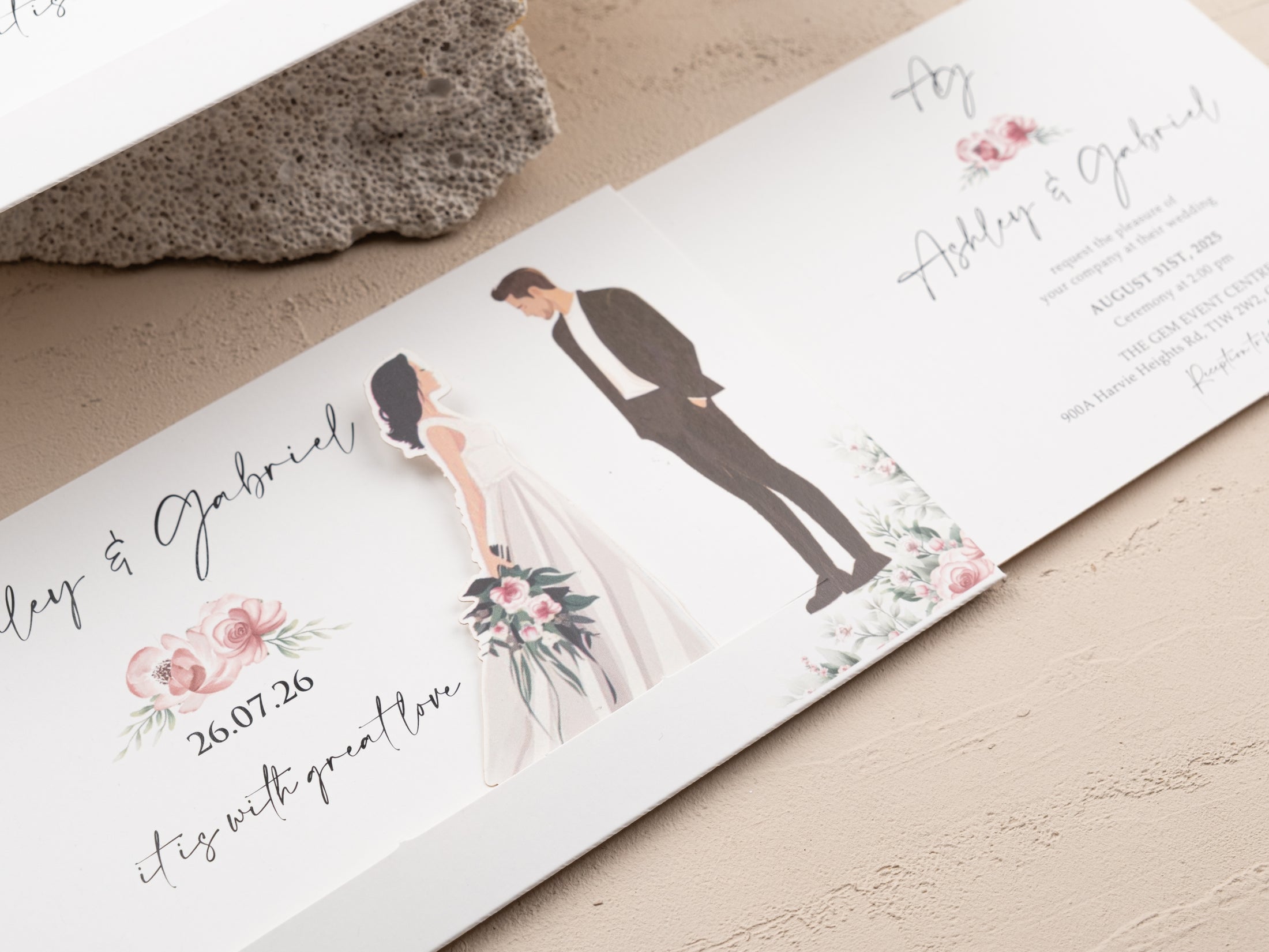 Minimalist Sliding Wedding Invitation - Blush Floral Design